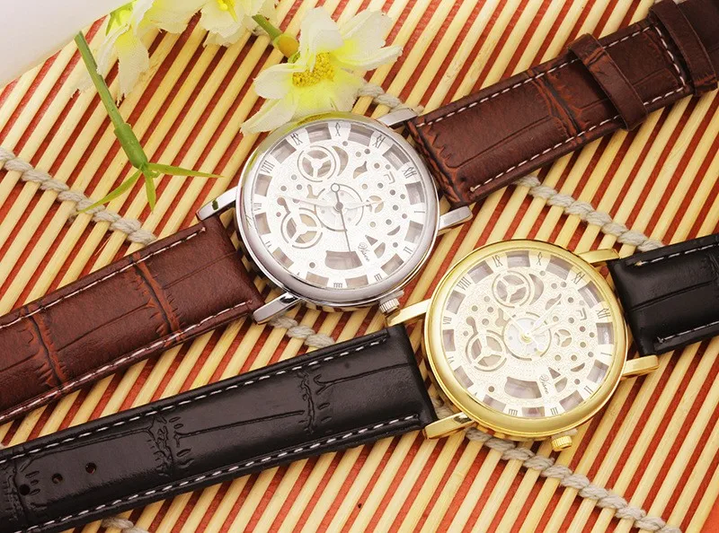 Hot Geneva Skeleton Watch Wristwatch Automatic Watches Men Pu Leather ...