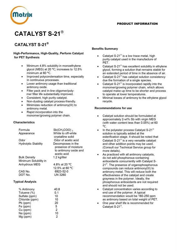 Antimony Triacetate as Efficient Catalyst for PET Synthesis