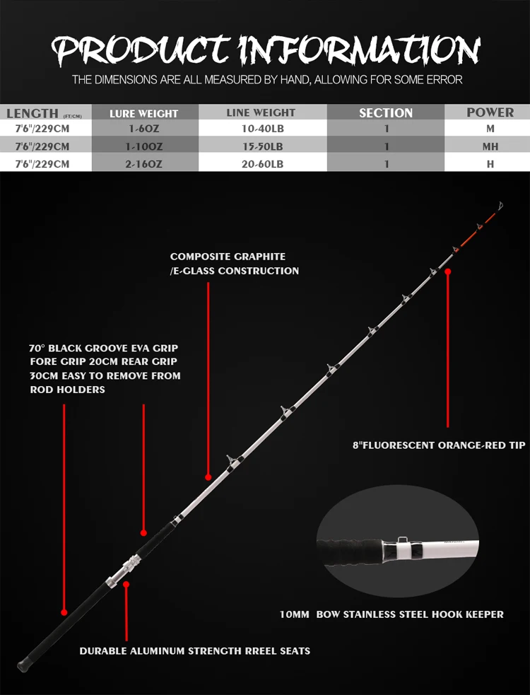 7'6''/229cm 10-40lb M 1-6oz Composite Graphite Reinforced Stainless ...