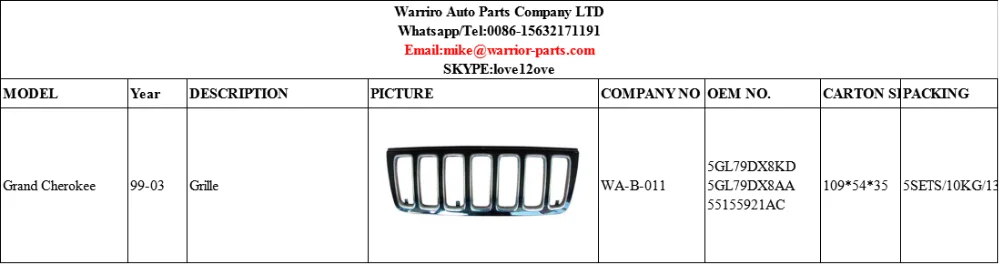 5gl79dx8aa Front Black Grill For Jeep Grand Cherokee Wj Wg 99-03 - Buy ...