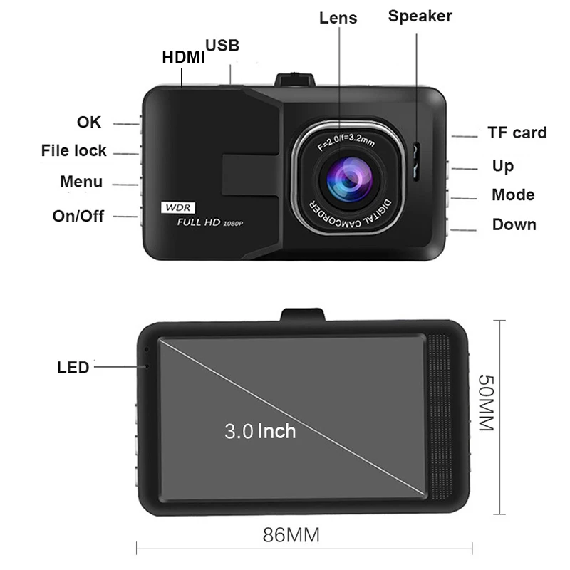 Promotion Mini Car DVR 3 Inch FHD 1080P Dual Camera Lens 170 Angle ...