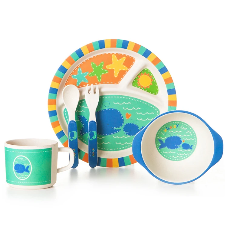 Cartoon Bamboo Fiber Children Tableware Dishes Fork Spoon Dish Bowl Cup ...