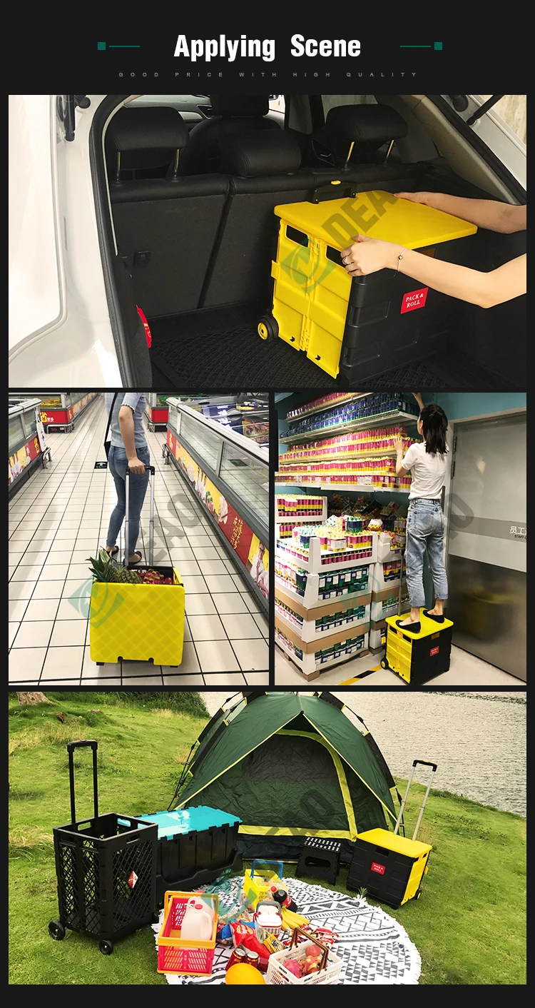 Durable Plastic Foldable Folding Crate Box Trolley Cart