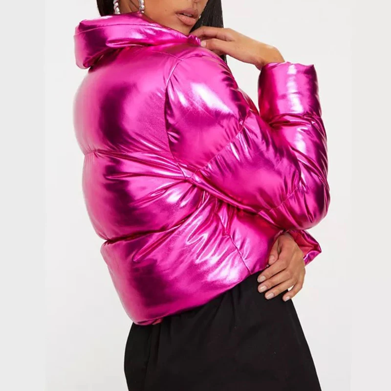 Winter Cropped Metallic Long Puff Sleeve Coat Stand Zipper Women Down ...