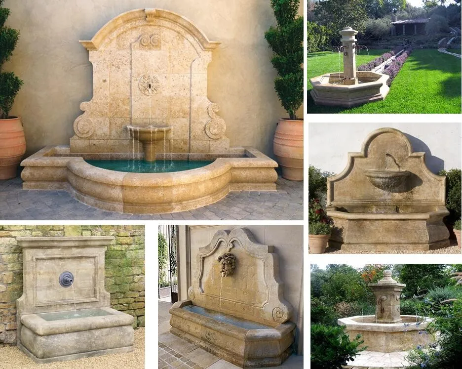 Fuentes de agua de pared de cascada de roca, piedra caliza blanca ...