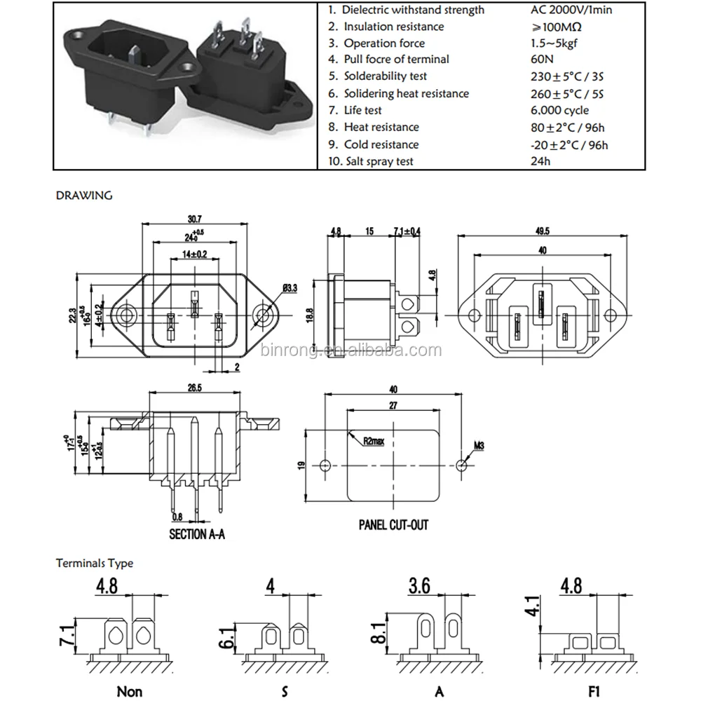 IEC 320 C14 Panel Mount Plug Adapter Connector Socket