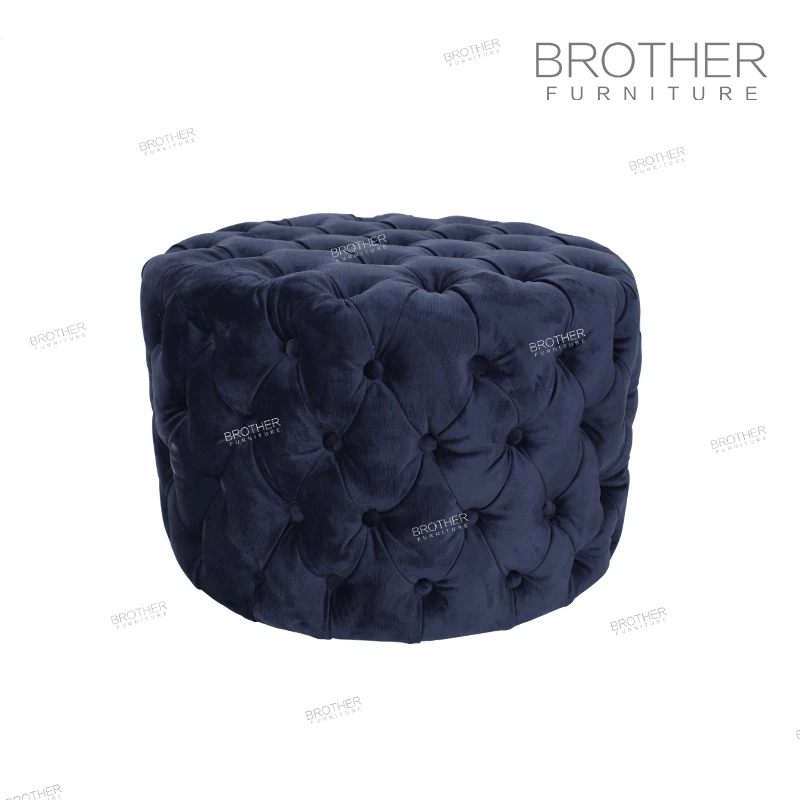 Home Furniture Large Round Ottoman / Navy Blue Puff Ottomans Velvet ...