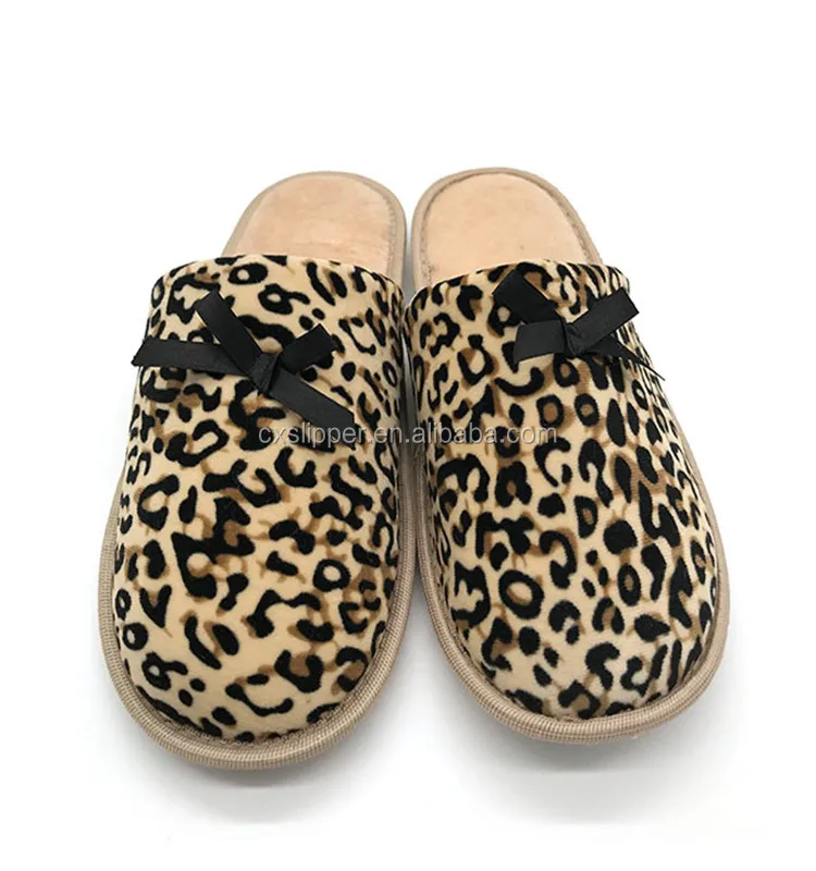 Womens Leopard Animal Print Slippers With Ribbon Bows Bedroom House ...