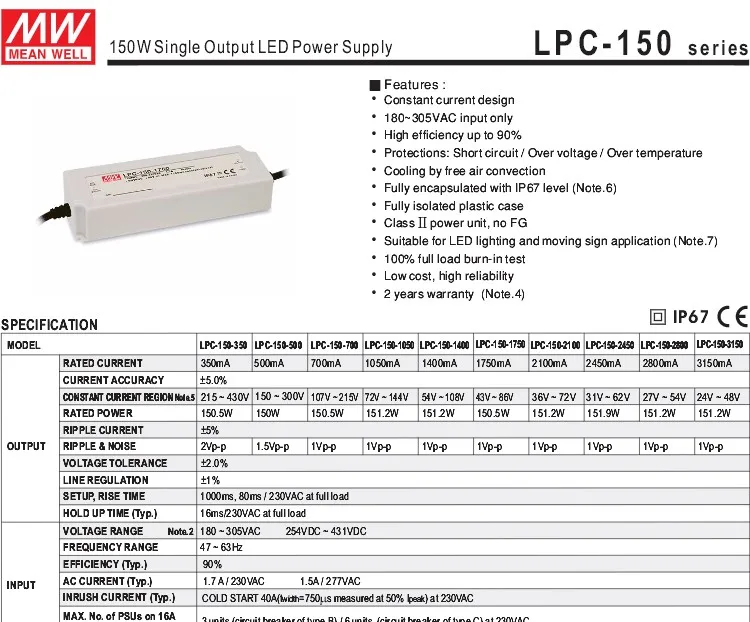 Mean Well LPC-150-700 - 150W LED Power Supply 700ma Driver