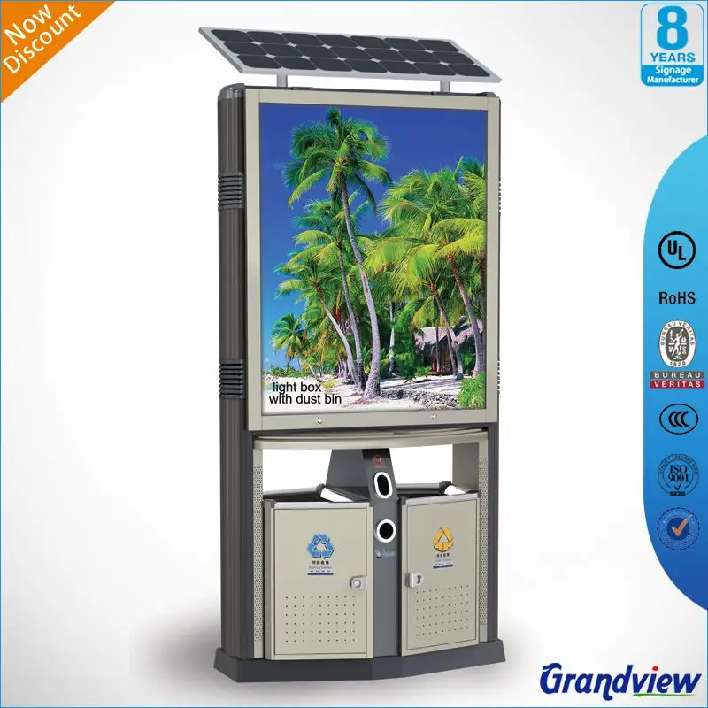 Outdoor Solar Powered Advertising Trash Bin with LED Display