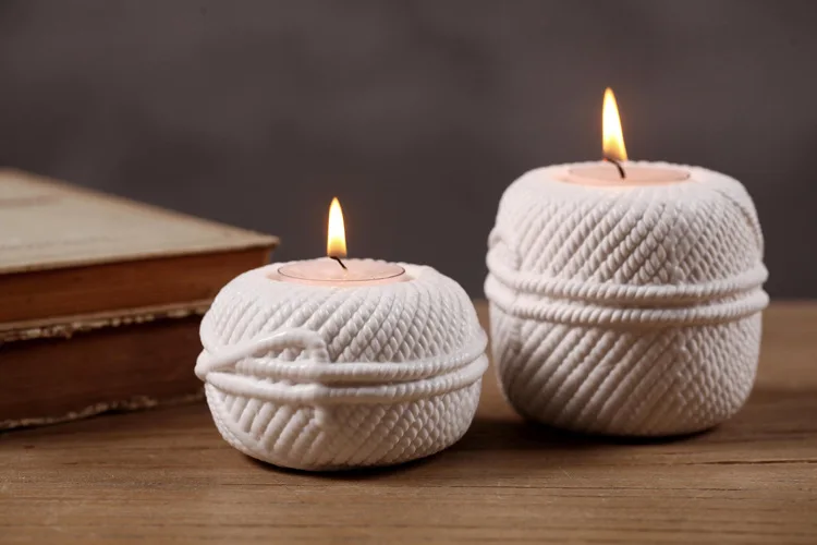 White Ceramic Ball of Yarn Candle Holder - Modern Decor