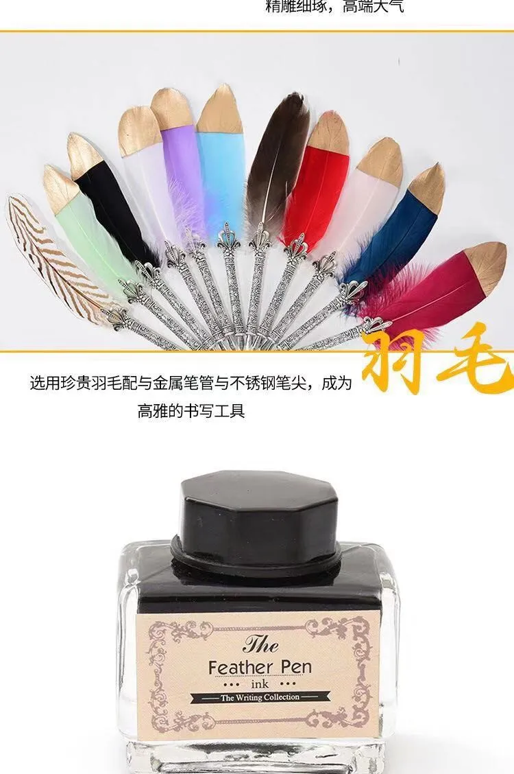 Calligraphy Peacock Feather Quill Ink Dip Pen Set