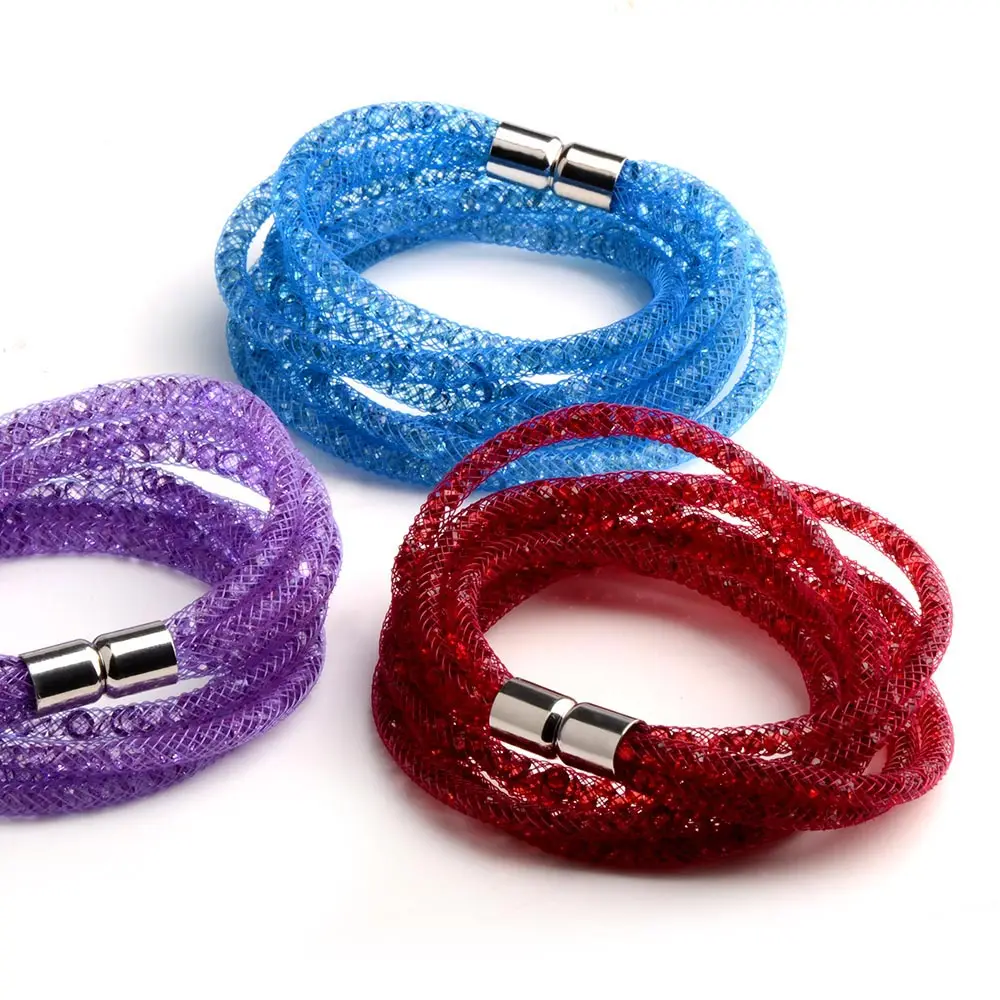 4 Layer Tube Resin Mesh Double Wrap Magnetic Clasp Bracelet for Women
