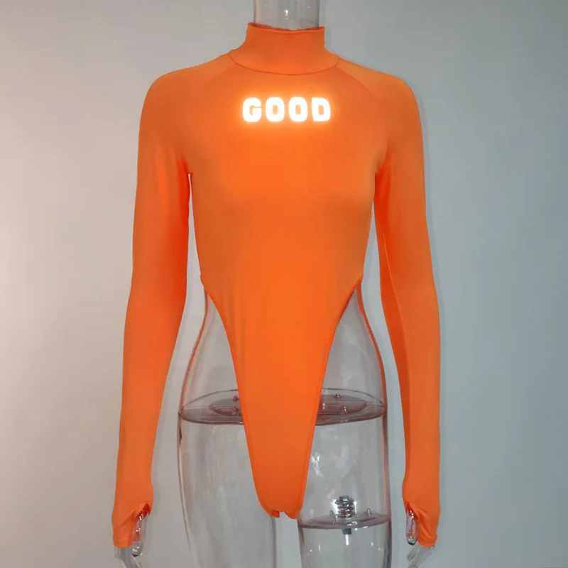 Sexy Bodysuit Reflective Letter High Cut Long Sleeve Body Suits For ...