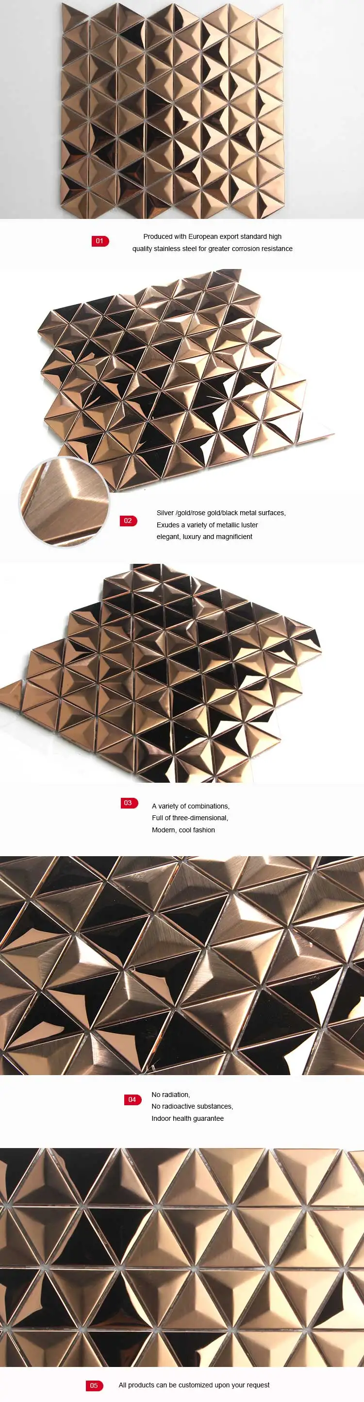 3D Triangle Diamond Shape Stainless Steel Brushed Gold Mosaic Metal ...
