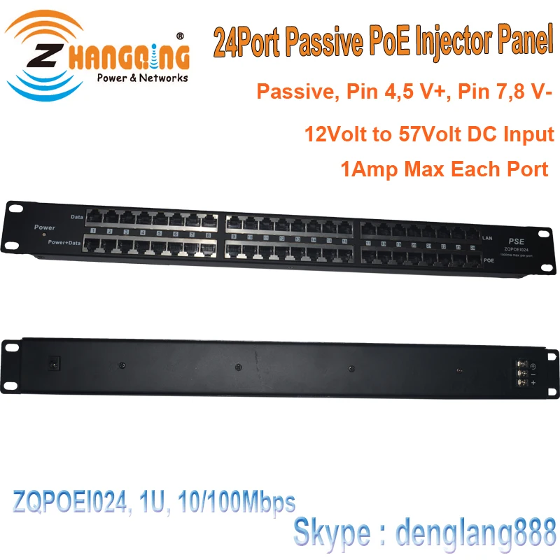 Rack mount Passive 24v 48v 56v poe Panel 24 port PoE injector for ...
