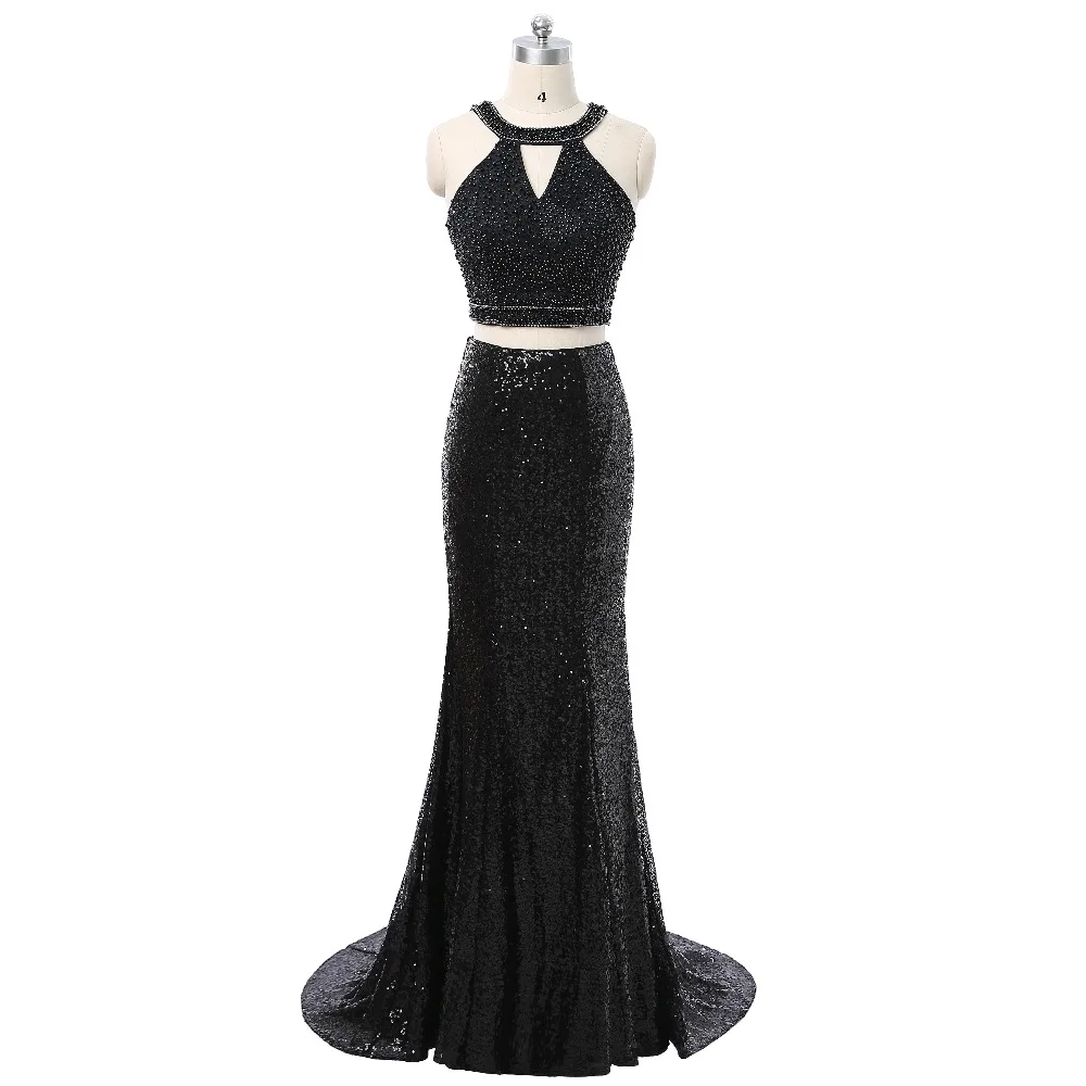 Alibaba Sparkle Two Pieces Black Evening Dress Long Halter With Sequins ...