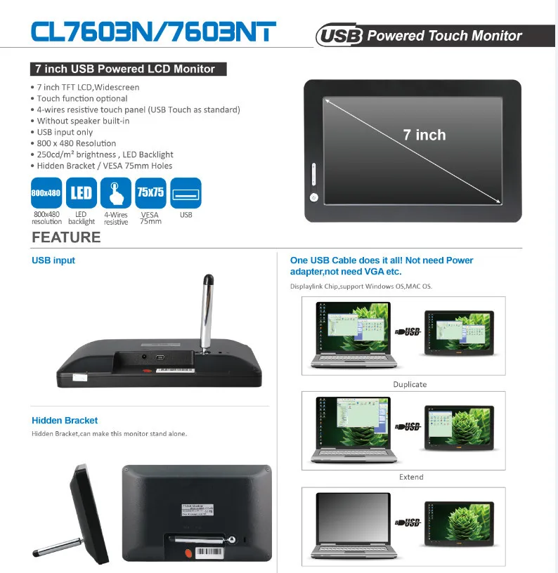 7 Inch Portable Displaylink Touch LCD Monitor USB NEWAY