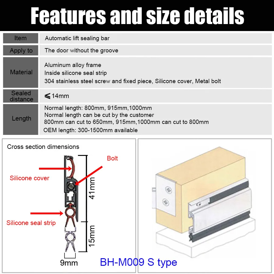 915mm Automatic Drop Down Door Bottom Seals Aluminium Outside Screw ...