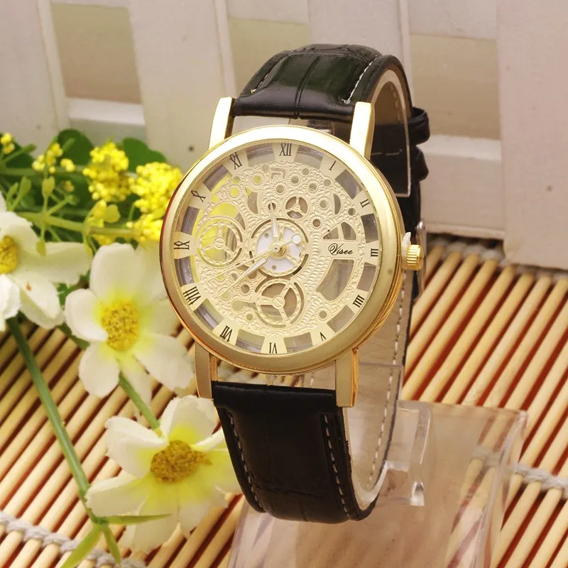 Hot Geneva Skeleton Watch Wristwatch Automatic Watches Men Pu Leather ...