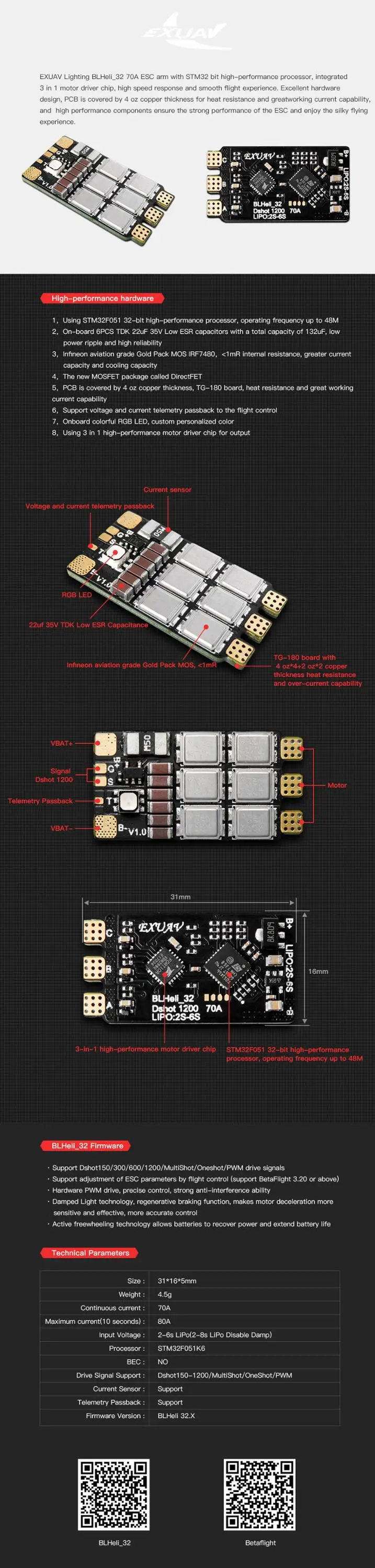 EXUAV 照明 70A 2-6 S BLHeli_32 无刷 ESC 与外壳支持 Dshot 150/300/600/1200 ...