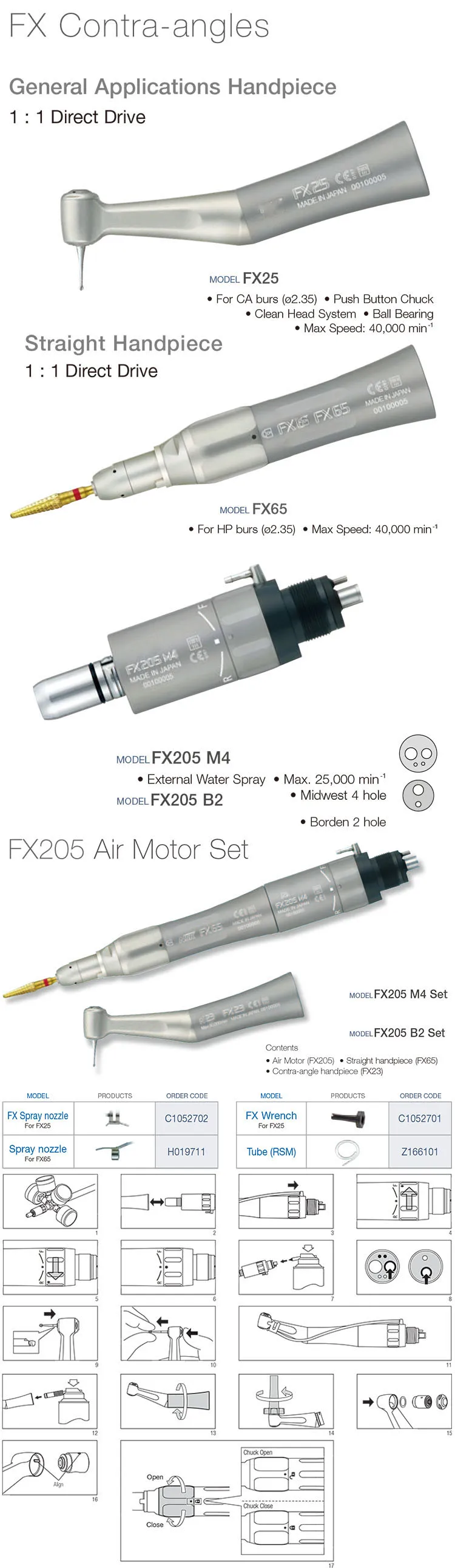 Dental Low Speed Handpiece Set Fx25 Contra Angle Fx65 Straight Cone Fx205 Air Motor Fx Series ...