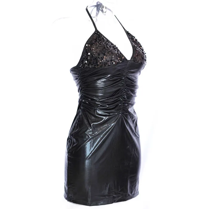 Sexy Vinyl Latex Halter Ladies Deep V Neck Sequins Backless Night ...