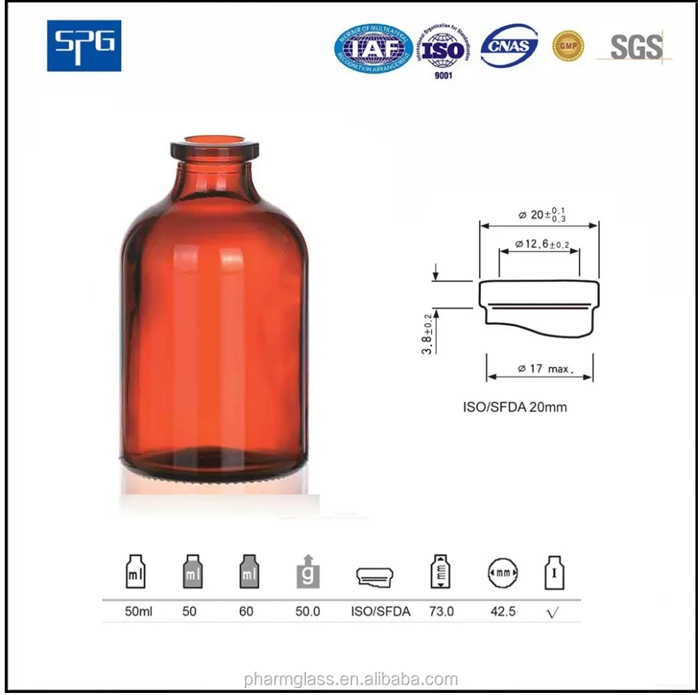 Pharmaceutical 100ml 20mm Amber Moulded Injection Glass Vials Usp Type ...