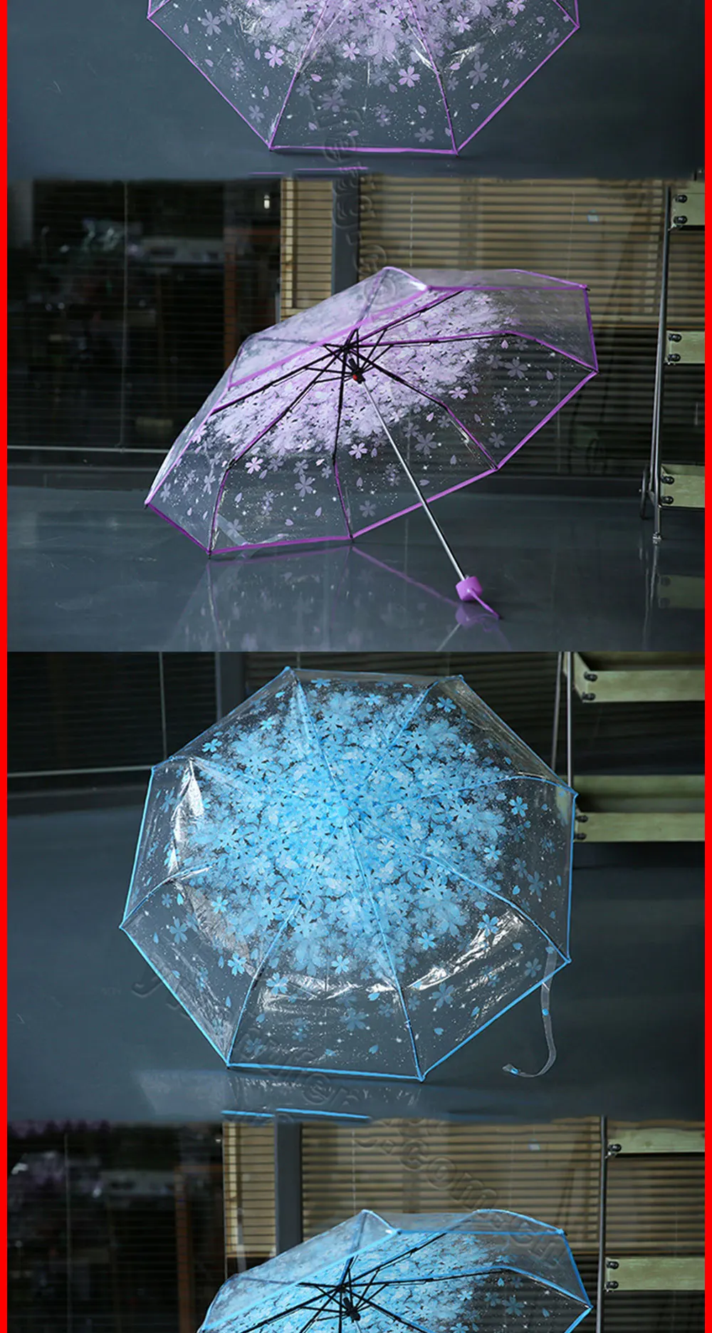 Ladies 3 Folding Transparent Umbrella Parasol Pink Flowers Pattern ...