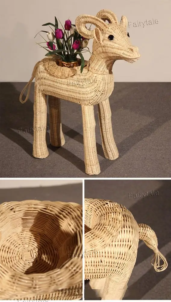 High End Natural Indoor Sheep Decor Stand Rattan Animal Shaped Planter ...