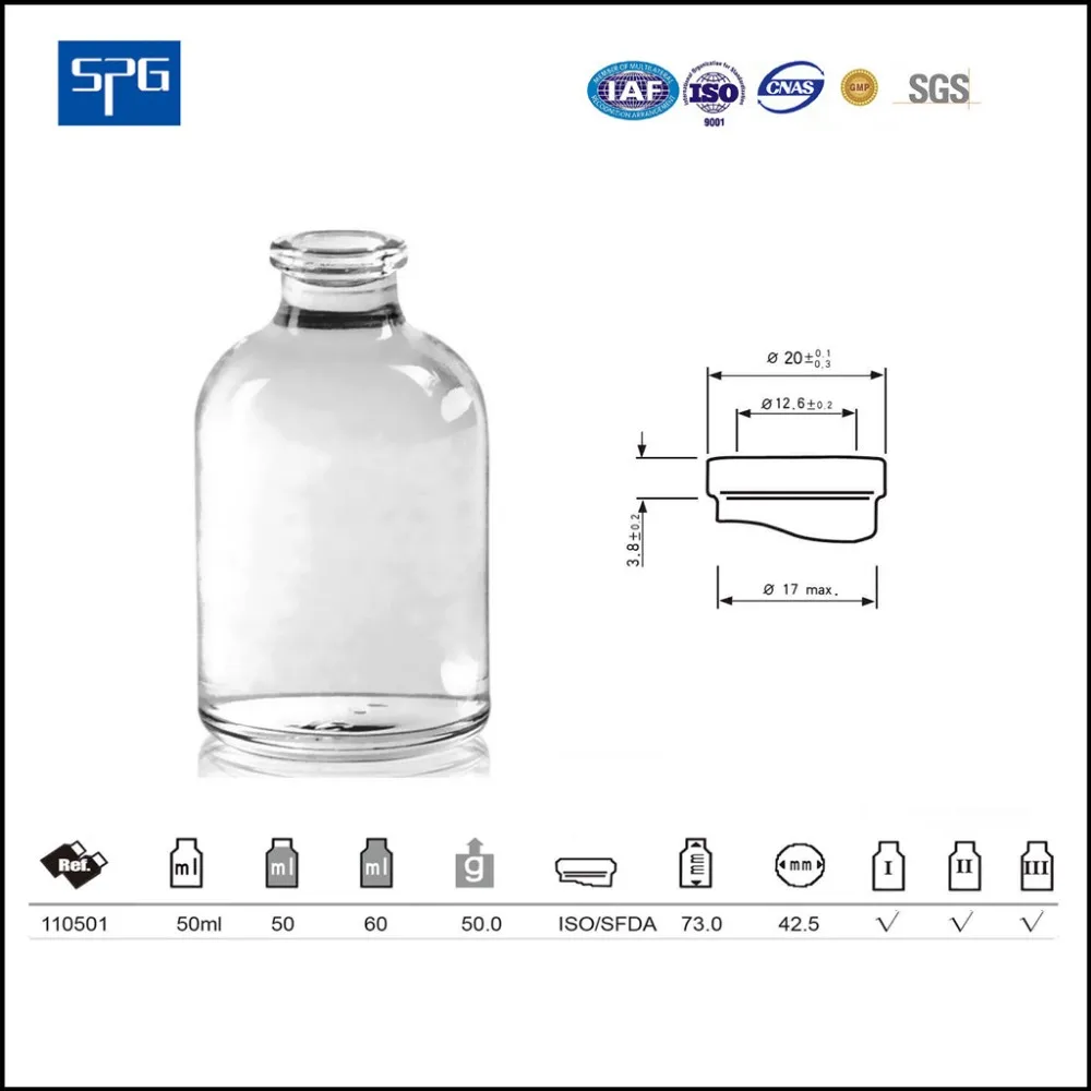 USP Type I Clear Injection Glass Bottles for Pharmaceuticals
