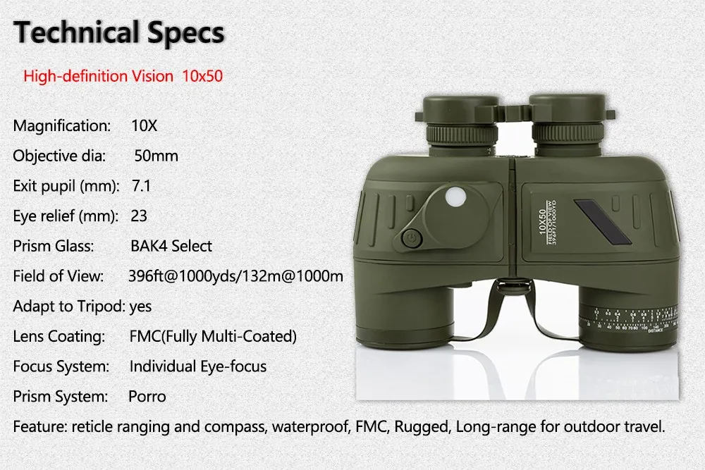 Yl1050 Army Binoculars Green 10x50 Porro Prism Distance Measuring ...