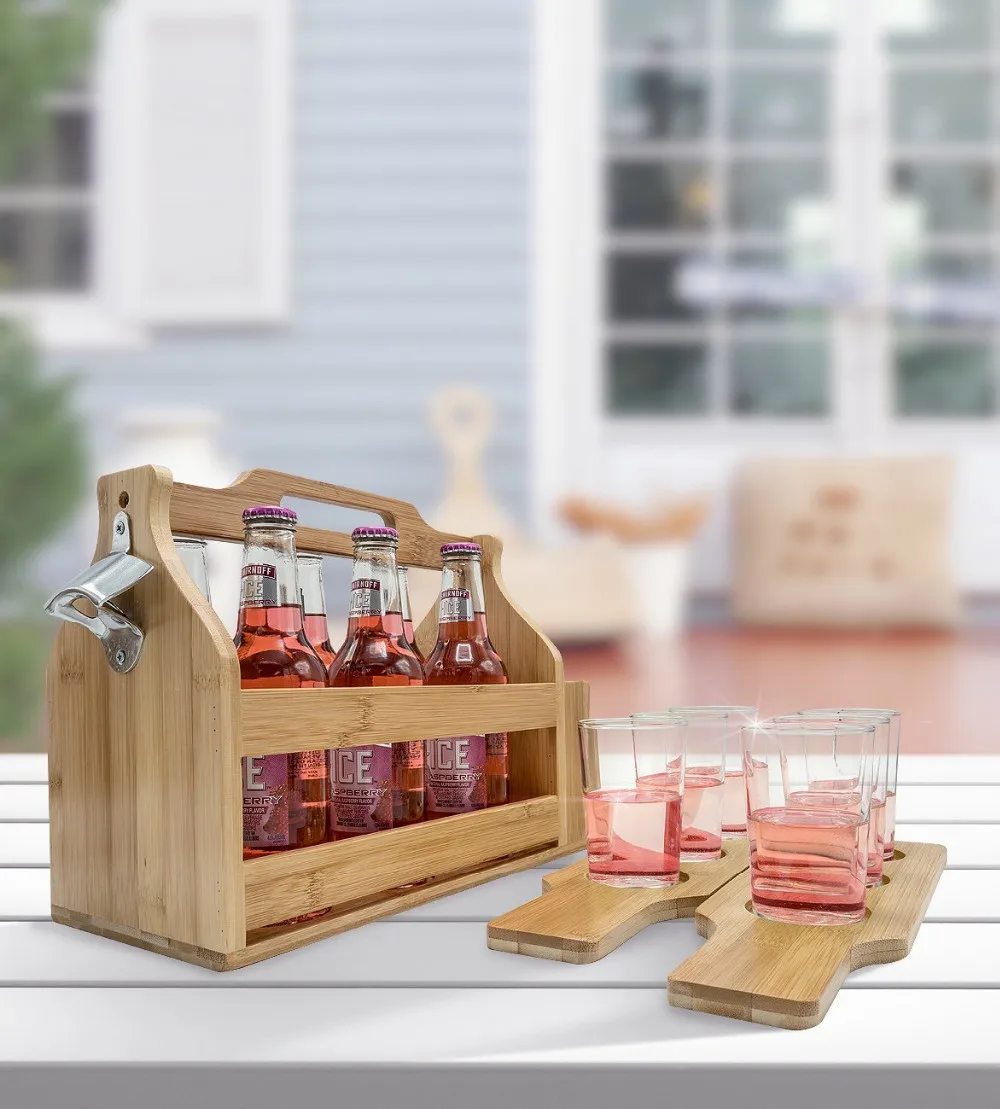 Bamboo Wooden Bottle Caddy With Opener & Sampler Boards,6-pack Drink ...