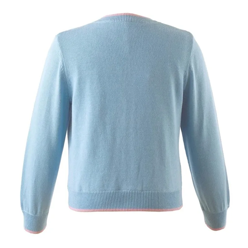 Girl School Wear Light Blue Thin Cardigan Sweater with Embroidery Flowers