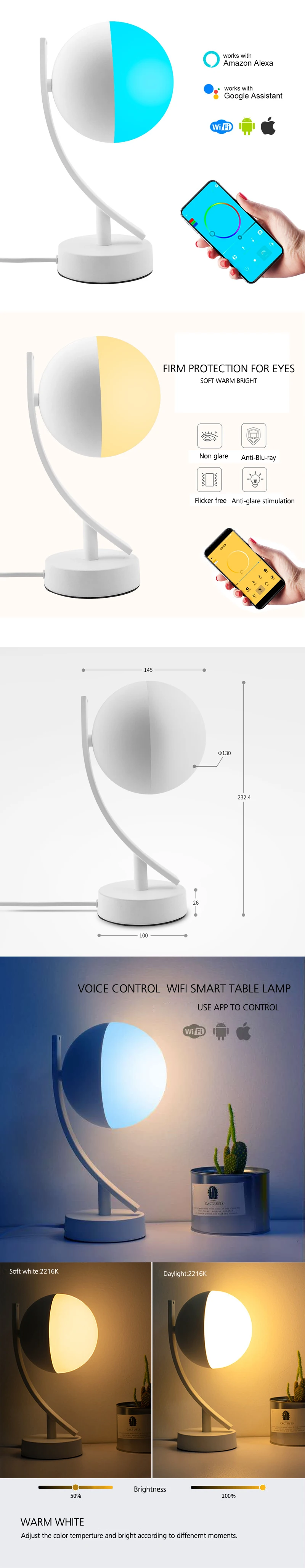 Smart Table Lamp - Google Home Wifi Controlled LED Light