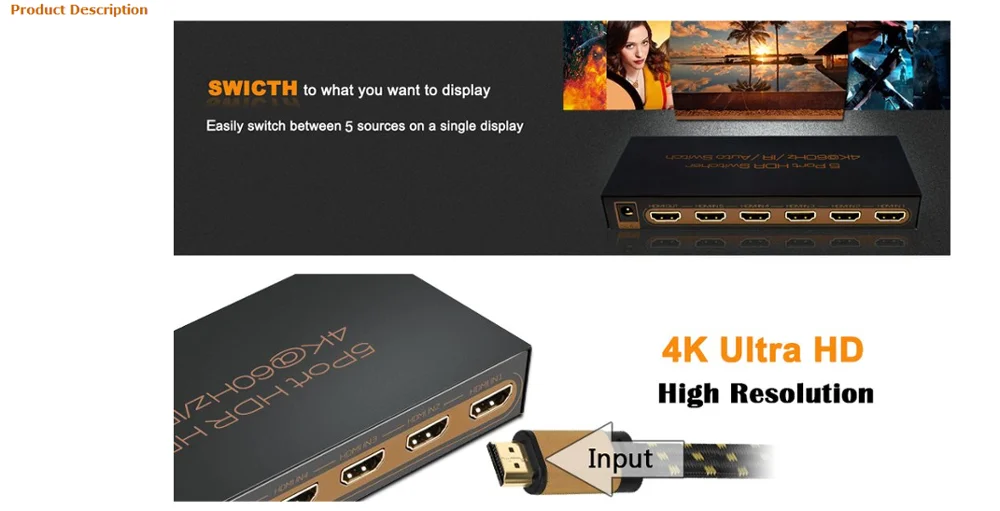 4k@60hz 5 Port Hdmi Switch Splitter Ir Wireless Remote 5x1 Hdmi ...