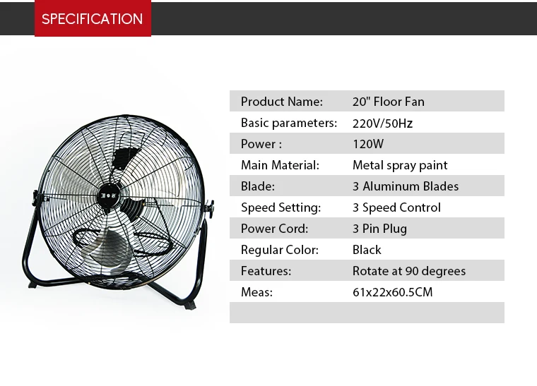 20 Inch Floor Fan - High Speed Cooling with Metal Blades
