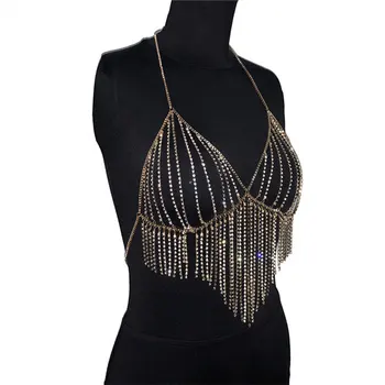 Fashion Gold Women's New Gold Plated Tassel Rhinestone Body Chest Chain ...