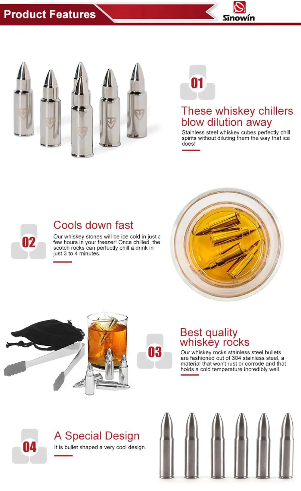 Whiskey Stones Flavored Ice Cubes Newest Design Stainless Steel Bullet ...