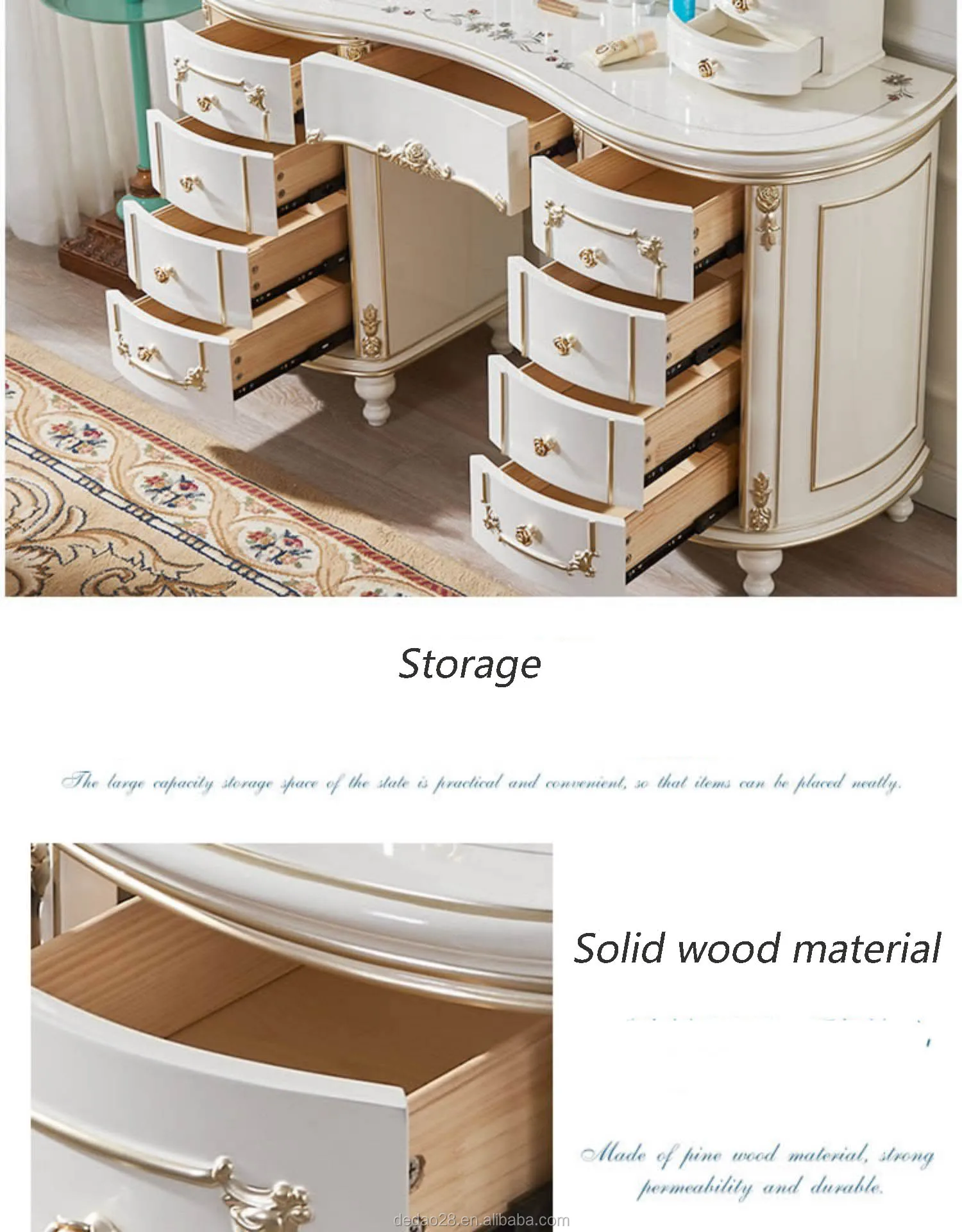 Super Luxury Palace Princess Desser And Stool Wood Carved Dressing ...