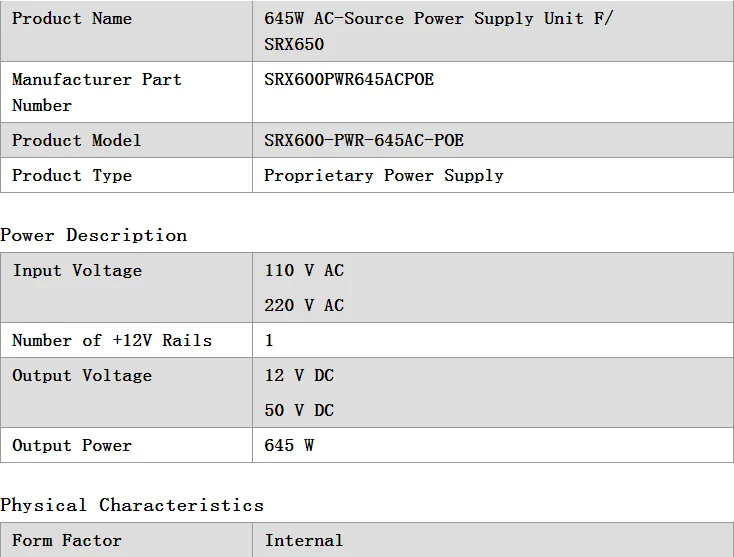 SRX600-PWR-645AC-POE，645瓦交流电源装置SRX550/srx650。提供397瓦系统电源| Alibaba.com