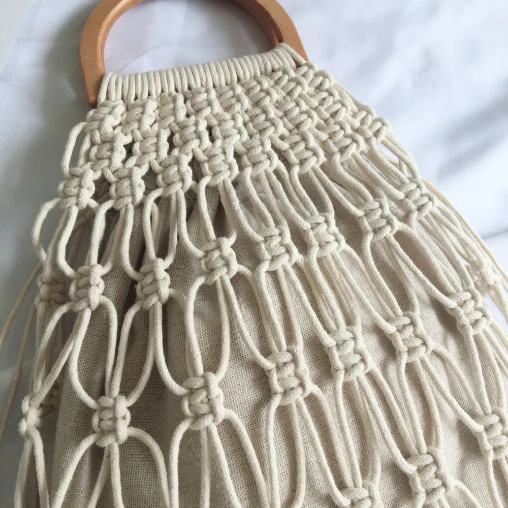Wooden Handle Ladies Crochet Macrame Handbag Handmade Woman Cotton Rope ...