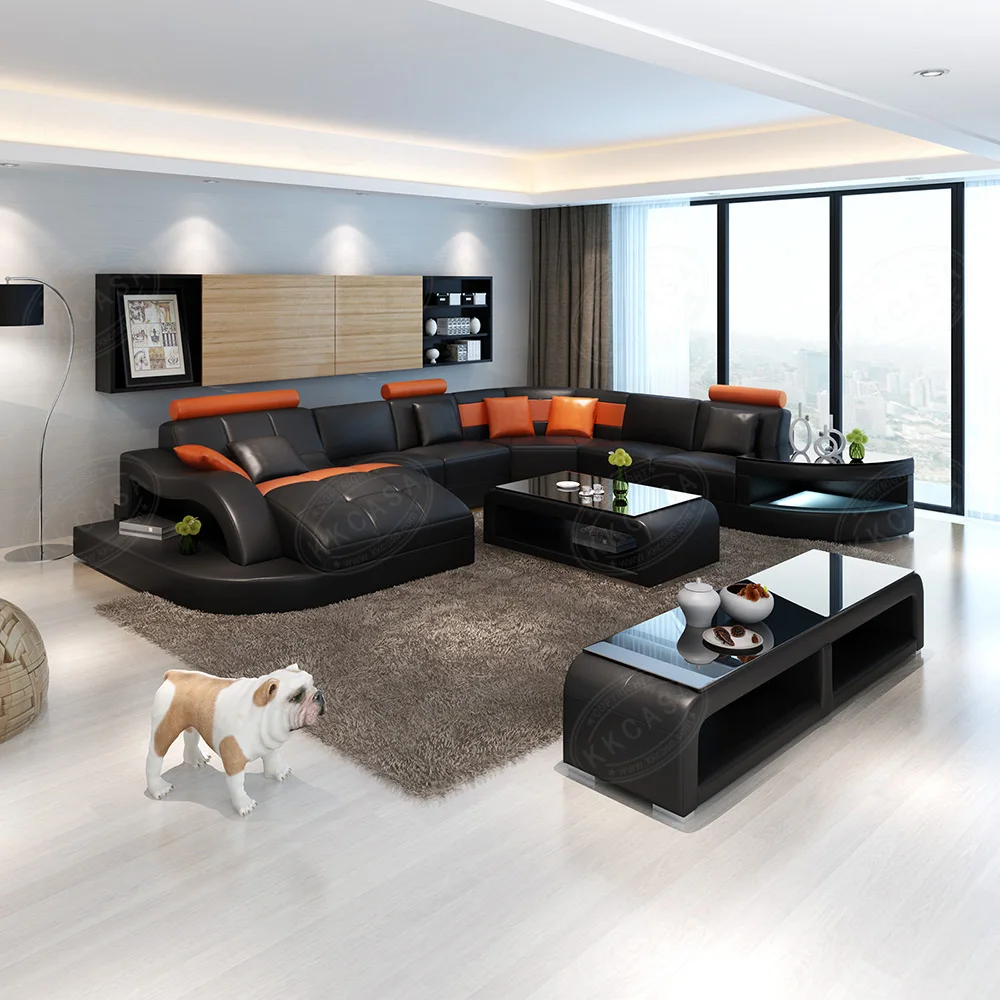 Led Light Leather Sofa Set Living Room Furniture With S Shape Special ...