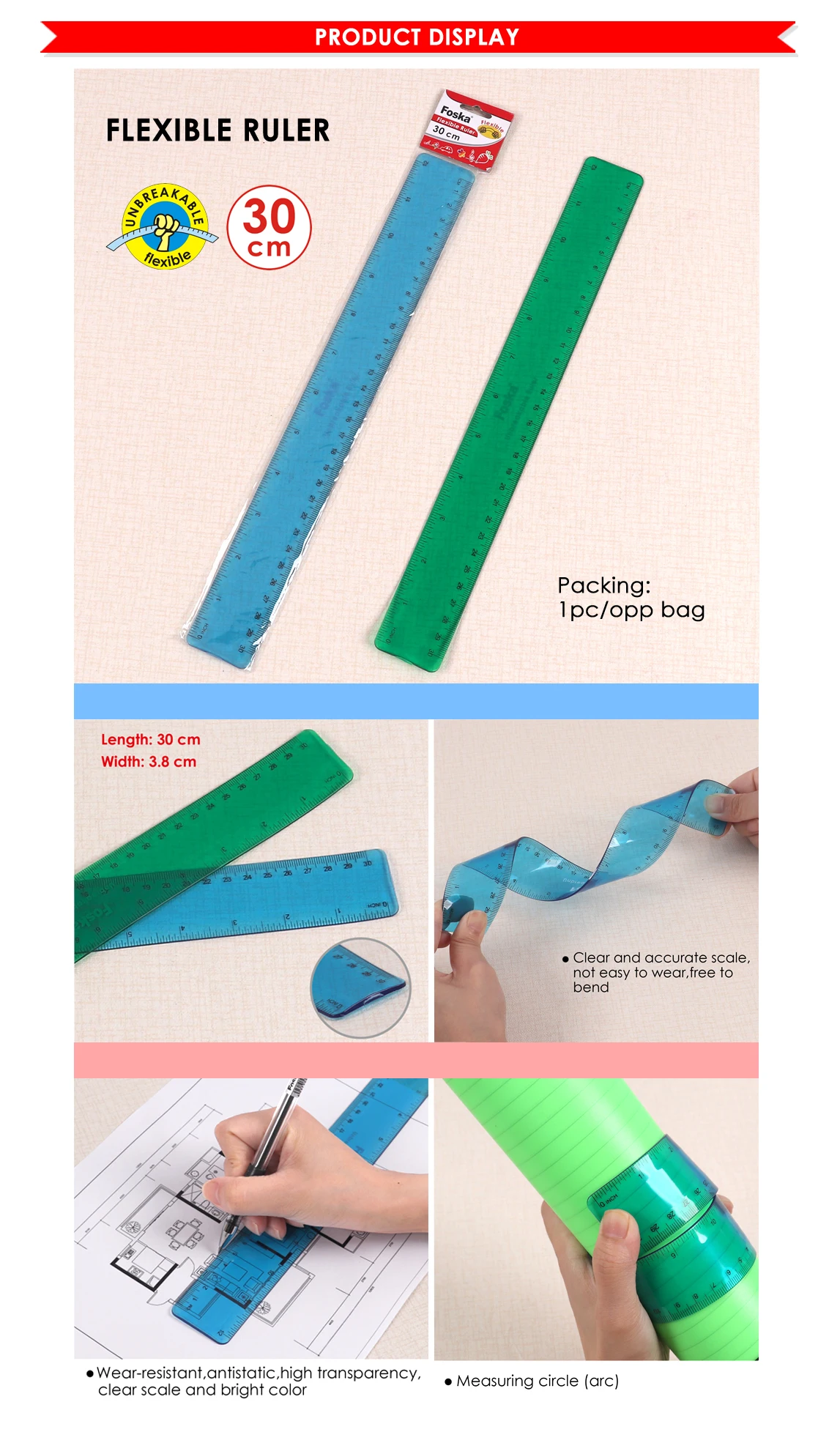 30cm Color Unbreakable Clear Plastic PVC Ruler - Flexible