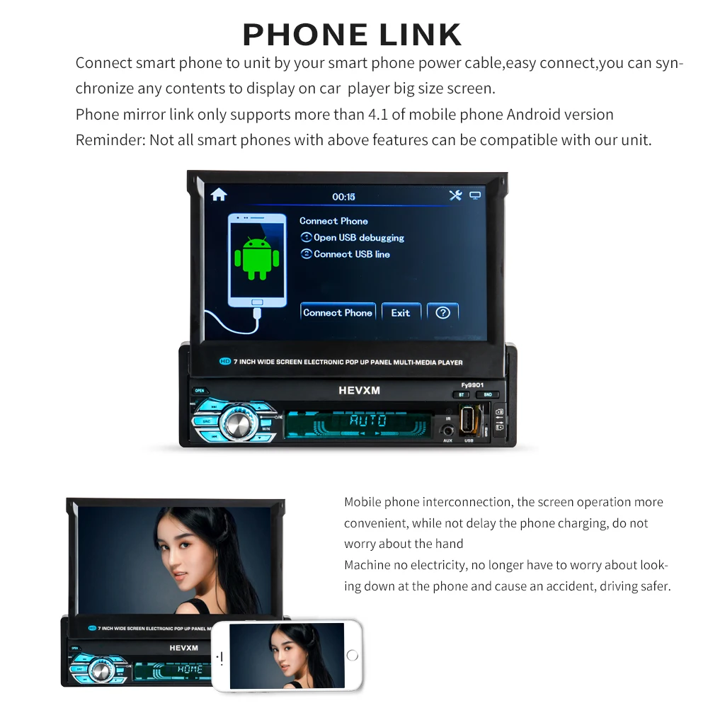 Esunway 1din 7inch Retractable Screen Head Unit - Android Radio