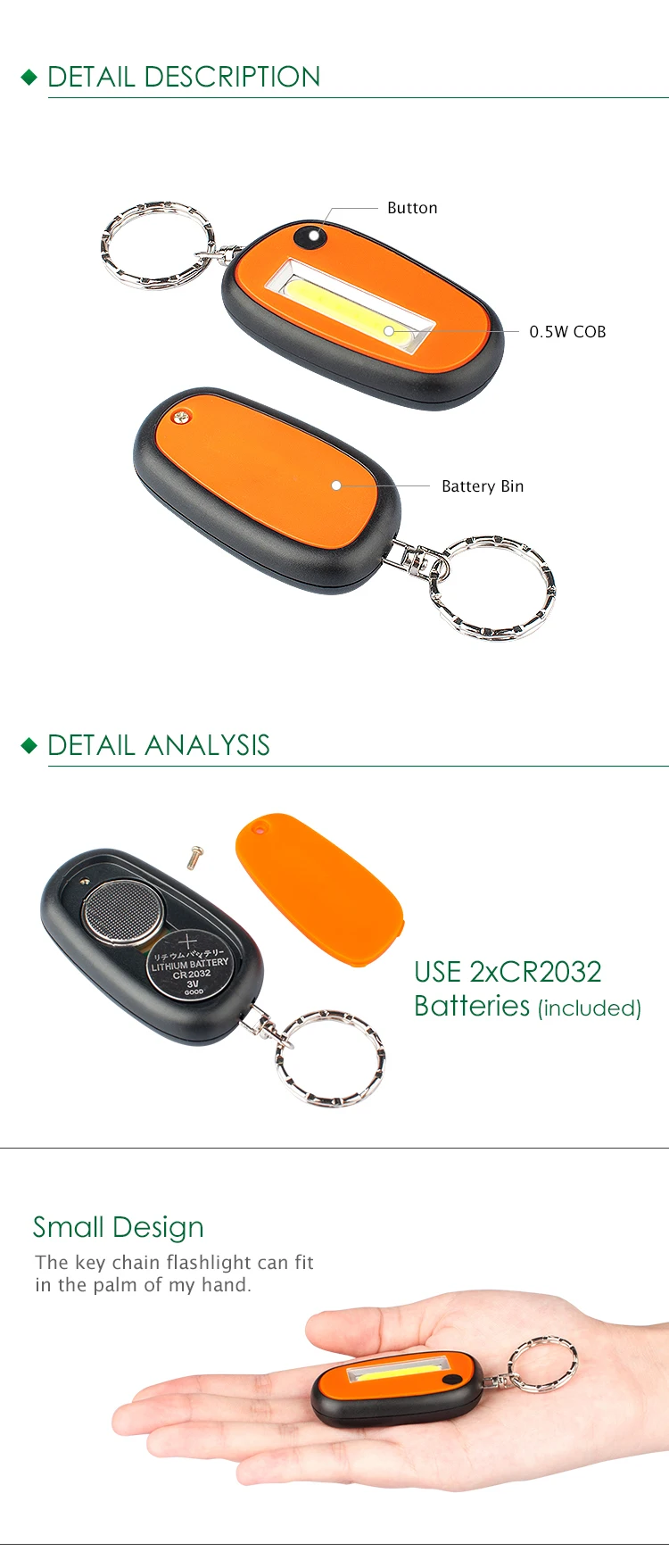 Button Battery Powered Portable Mini 0.5w Cob 35lm Led Key Chain Light ...