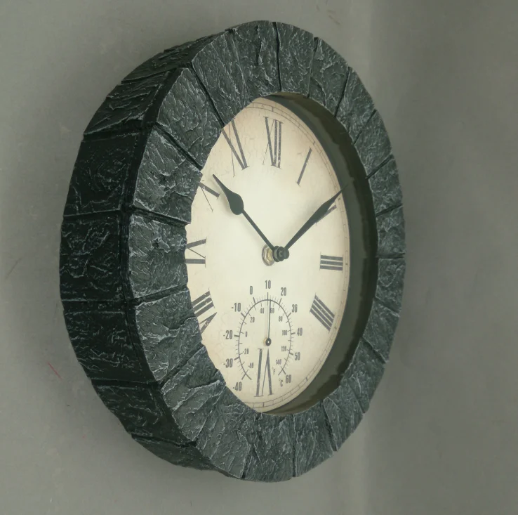 Faux Stone Round Retro Outdoor Wall Clock Includes A Thermometer And ...