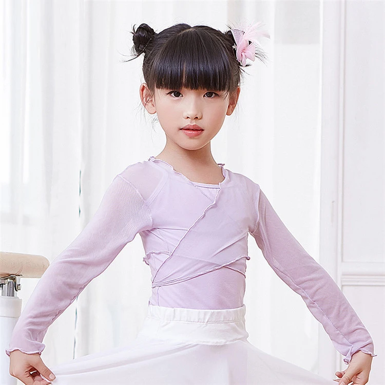 New Coming Kids Girls Mesh Long Sleeve Black White Ballet Wrap Top ...