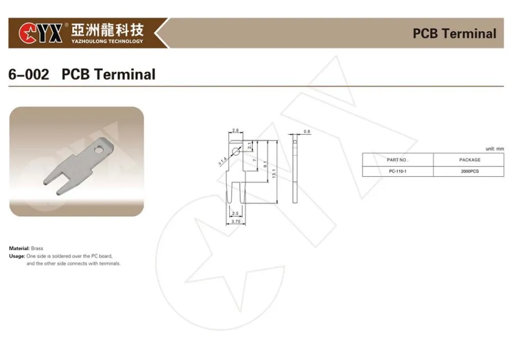 Pcb Welding Terminal Tab Pc250 / 187 /110 Brass Tabs - Buy Pcb Terminal ...