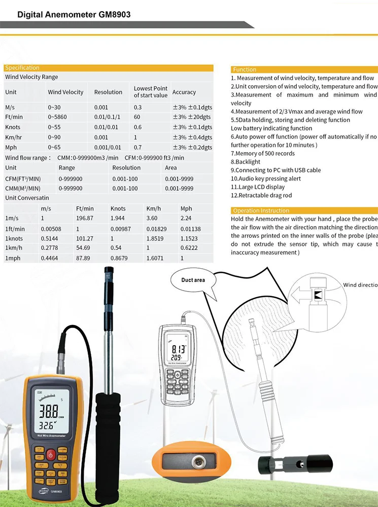 Gm8903 Hot Wire Digital Anemometer Air Temperature Meter Handheld Wind ...